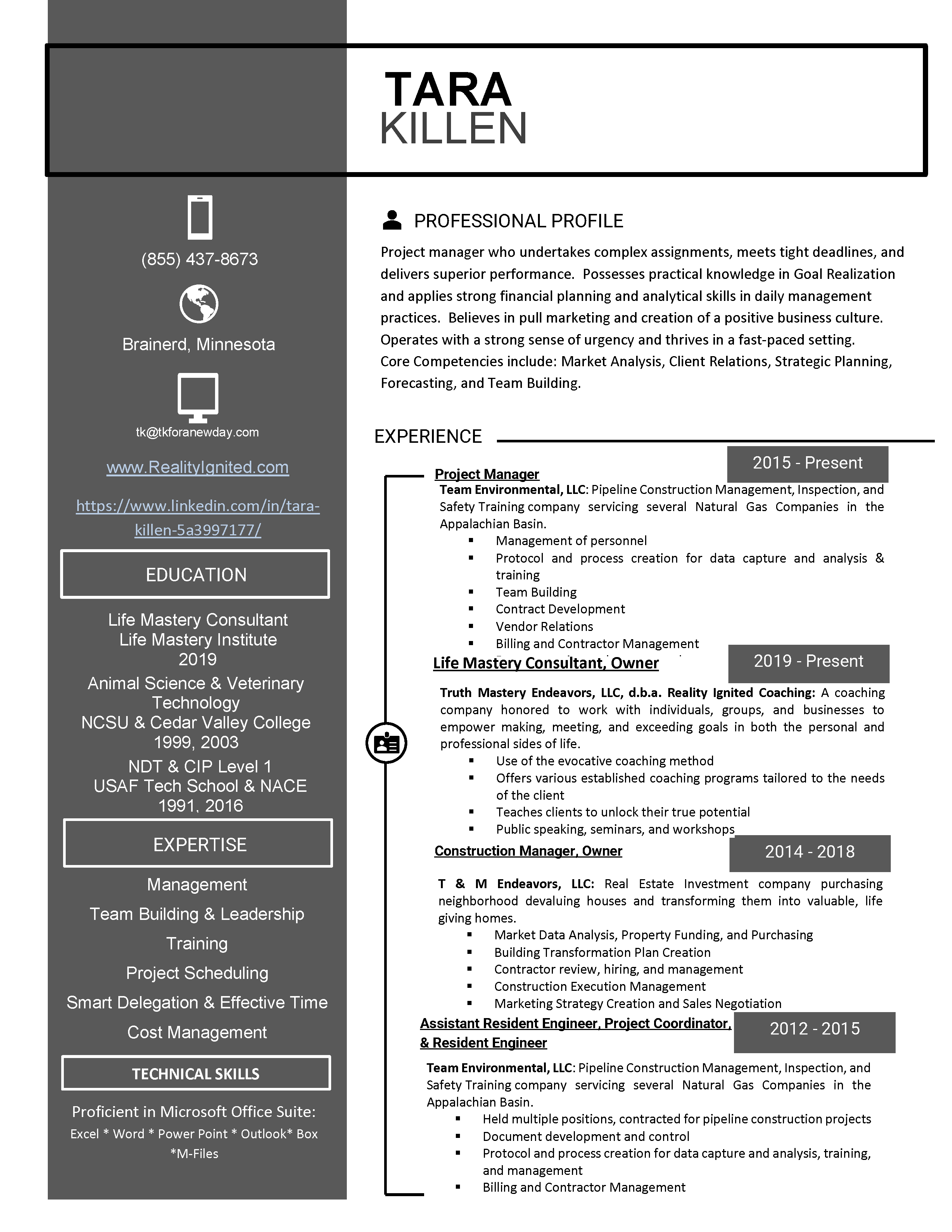 Resume Page – TK for a New Day